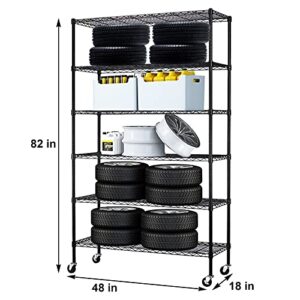 Dkeli Metal Storage Shelves 6 Tier Wire Garage Shelving with Wheels, 2100LBS Weight Capacity Heavy Duty NSF Height Adjustable Steel Shelving Rack for Pantry Kitchen Garage Basement, Black