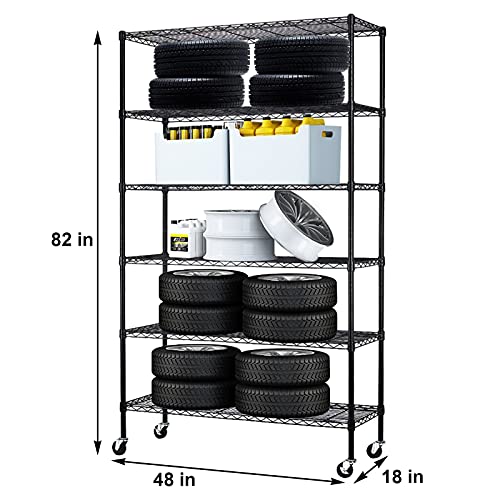 Dkeli Metal Storage Shelves 6 Tier Wire Garage Shelving with Wheels, 2100LBS Weight Capacity Heavy Duty NSF Height Adjustable Steel Shelving Rack for Pantry Kitchen Garage Basement, Black