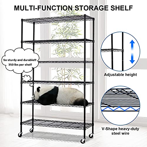 Dkeli Metal Storage Shelves 6 Tier Wire Garage Shelving with Wheels, 2100LBS Weight Capacity Heavy Duty NSF Height Adjustable Steel Shelving Rack for Pantry Kitchen Garage Basement, Black