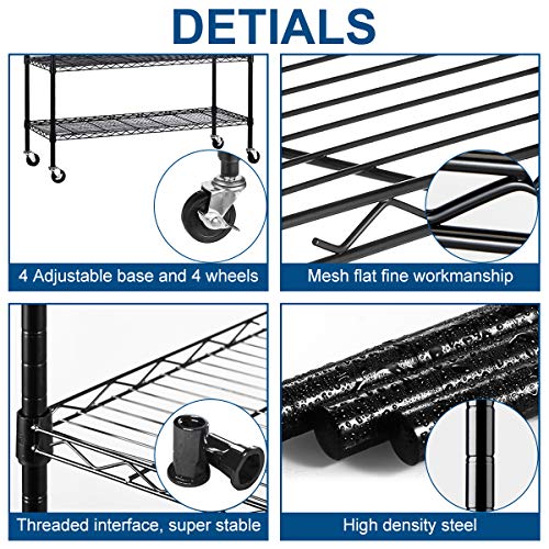 Dkeli Metal Storage Shelves 6 Tier Wire Garage Shelving with Wheels, 2100LBS Weight Capacity Heavy Duty NSF Height Adjustable Steel Shelving Rack for Pantry Kitchen Garage Basement, Black