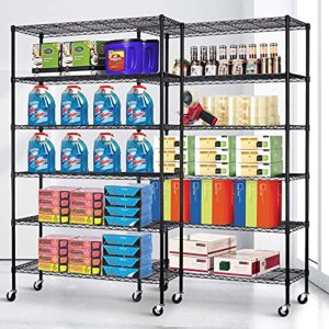 Dkeli Metal Storage Shelves 6 Tier Wire Garage Shelving with Wheels, 2100LBS Weight Capacity Heavy Duty NSF Height Adjustable Steel Shelving Rack for Pantry Kitchen Garage Basement, Black