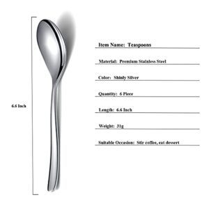 Teaspoons, 6 Piece Spoons Silverware, Stainless Steel Small Spoons, Tea Spoons for Home, Kitchen or Restaurant, Dishwasher Safe (Silver-6.6 Inches)