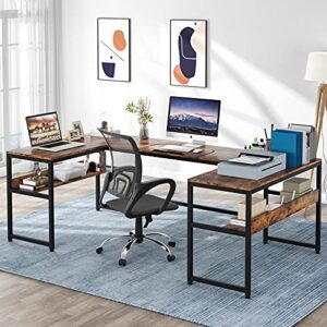 tribesigns u- shaped desk with bookshelf and tilting drawing board, l shaped computer desk gaming gamer table workstation desk with 3 desktop for home office (rustic)