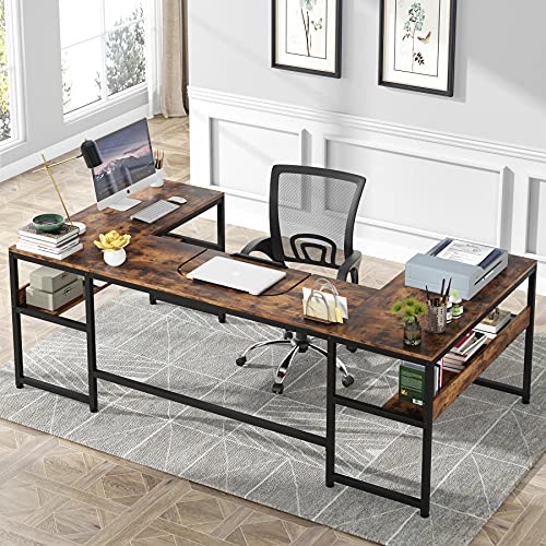 Tribesigns U- Shaped Desk with Bookshelf and Tilting Drawing Board, L Shaped Computer Desk Gaming Gamer Table Workstation Desk with 3 Desktop for Home Office (Rustic)