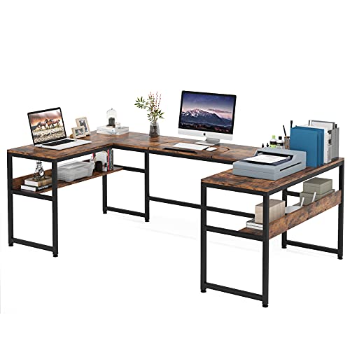 Tribesigns U- Shaped Desk with Bookshelf and Tilting Drawing Board, L Shaped Computer Desk Gaming Gamer Table Workstation Desk with 3 Desktop for Home Office (Rustic)