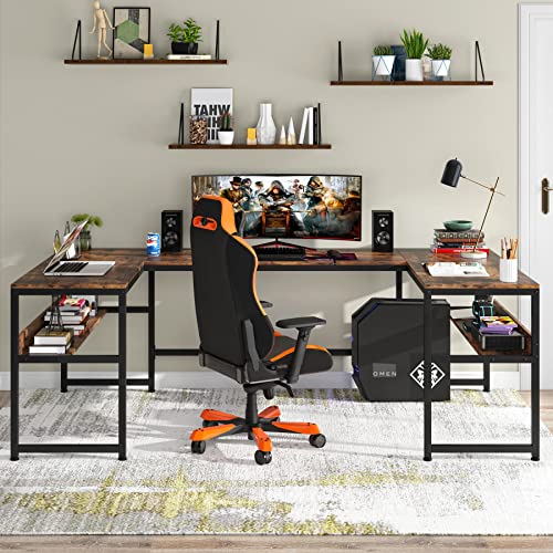 Tribesigns U- Shaped Desk with Bookshelf and Tilting Drawing Board, L Shaped Computer Desk Gaming Gamer Table Workstation Desk with 3 Desktop for Home Office (Rustic)