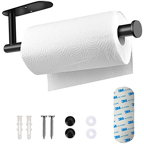 Paper Towel Holder, Paper Towel Holder Under Cabinet-Self Adhesive or Drilling Black Paper Towel Rack, SUS304 Stainless Steel Wall Mount Towel Paper Holder for Kitchen, Pantry, Sink, Bathroom