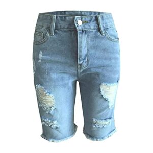 women's distressed bermuda jean shorts casual summer knee lenght jeans with hole stretchy washed ripped short denim pants (blue,medium)