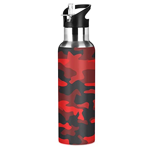 Yasala Water Bottle Black Red Camo Coffee Thermos Stainless Steel Insulated Beverage Container 20 oz with Straw Lid BPA-Free for Sport, Travel, Camping, Back to School