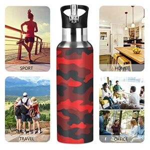 Yasala Water Bottle Black Red Camo Coffee Thermos Stainless Steel Insulated Beverage Container 20 oz with Straw Lid BPA-Free for Sport, Travel, Camping, Back to School