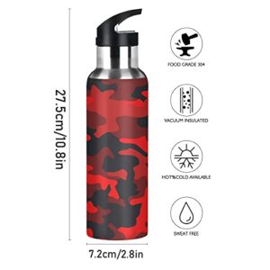 Yasala Water Bottle Black Red Camo Coffee Thermos Stainless Steel Insulated Beverage Container 20 oz with Straw Lid BPA-Free for Sport, Travel, Camping, Back to School