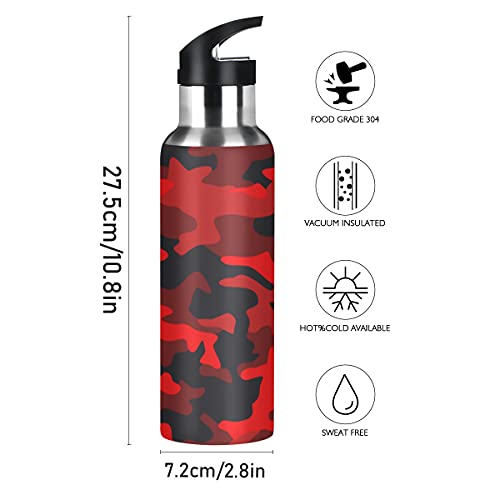 Yasala Water Bottle Black Red Camo Coffee Thermos Stainless Steel Insulated Beverage Container 20 oz with Straw Lid BPA-Free for Sport, Travel, Camping, Back to School