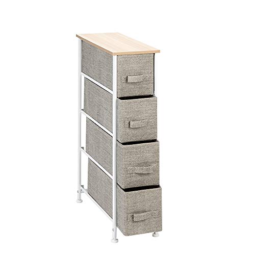 QJing Narrow Dresser, Vertical Storage Unit With 4 Fabric Drawers, Metal Frame, Slim Storage Tower, 7.9” Width, For Living Room, Kitchen, Small Space, Gap (Linen)