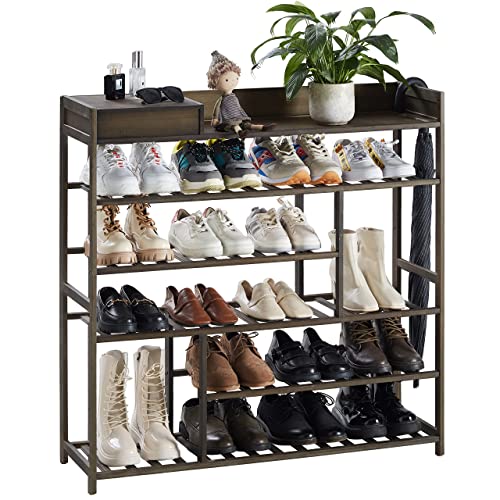 Apicizon Bamboo Shoe Rack for Entryway, 6-Tier Wood Shoe Organizer for Closet with Storage Box, Large Shoe Cabinet for Closet, Entry, Entrance, Hallway, Mudroom, Brown