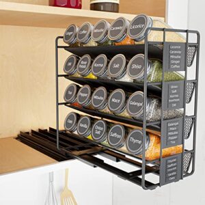 spaceaid pull out spice rack organizer with 20 jars, heavy duty slide out seasoning organizer for kitchen cabinets, with 801 labels and chalk marker, left facing