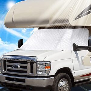 vogrex rv windshield sunshade cover class c compatible with ford e450 1997-2023 uv block rv front window cover sunshade motorhome windshield snow cover with mirror cutouts, elastic corner bands