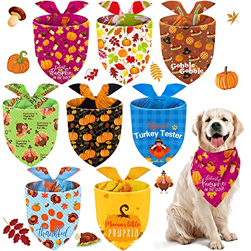 8 Pieces Thanksgiving Dog Bandanas Fall Pumpkin Pet Scarf Triangle Scarf Pet Adjustable Washable Dog Bib for Thanksgiving Pet Costume Supply (Vivid Pattern)