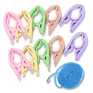 clothes hangers aeytloi 10pcs colorful travel hangers with 1 pack clothesline, portable folding coat hangers plastic hangers, travel accessories clothes drying rack for travel