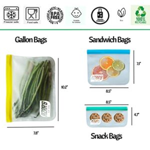 Reusable Storage Bags – 12 Pack BPA FREE PEVA LEAKPROOF Ziplock Freezer Bags (4 Gallon Bags, 4 Sandwich Bags, 4 Snack Bags) EXTRA THICK Resealable Bags for Meat Fruit Veggies