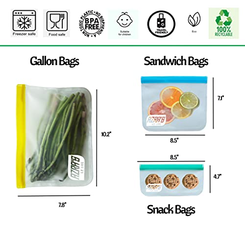 Reusable Storage Bags – 12 Pack BPA FREE PEVA LEAKPROOF Ziplock Freezer Bags (4 Gallon Bags, 4 Sandwich Bags, 4 Snack Bags) EXTRA THICK Resealable Bags for Meat Fruit Veggies