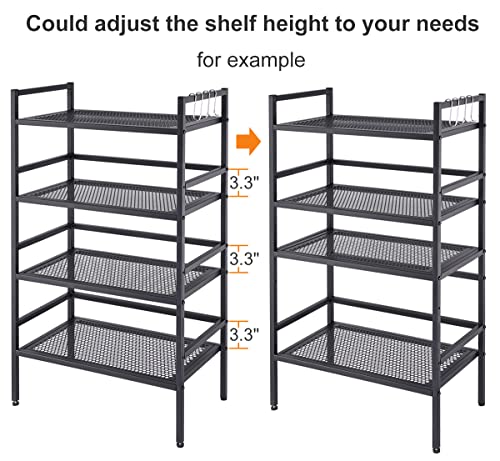 37.4" Metal Storage Shelf Rack Adjustable Height 4-Tier Utility Kitchen Standing Shelving w/ 4 Hooks, Shoe Rack heavy Duty for Laundry Bathroom Garage Pantry Load upto 83LBS per Tier, Matte Black