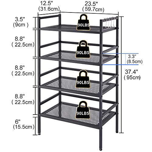 37.4" Metal Storage Shelf Rack Adjustable Height 4-Tier Utility Kitchen Standing Shelving w/ 4 Hooks, Shoe Rack heavy Duty for Laundry Bathroom Garage Pantry Load upto 83LBS per Tier, Matte Black