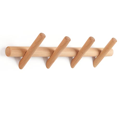 KYSMOTIC Wooden Coat Rack Wall Mounted | Modern Wood Coat Hooks for Entryway, Bedroom, Bathroom | 4 Pegs Wood Wall Hook for Hanging Clothes Robes Towels Hats