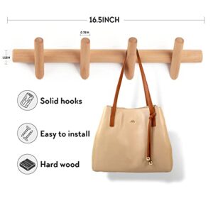 KYSMOTIC Wooden Coat Rack Wall Mounted | Modern Wood Coat Hooks for Entryway, Bedroom, Bathroom | 4 Pegs Wood Wall Hook for Hanging Clothes Robes Towels Hats