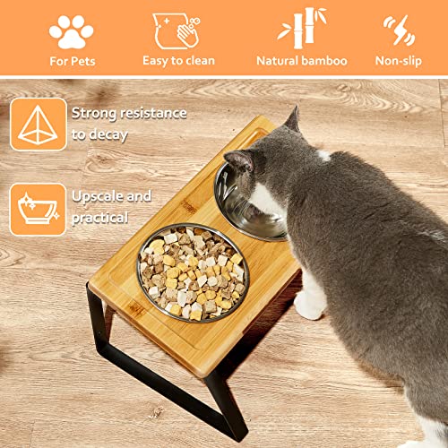 Elevated cat Bowls, Cat Bowls, 15° Tilted Raised Food Feeding Dishes,Customized Height Wall Mounted Elevated Pet Feeder, Bamboo Elevated Pet Feed Bowl Food for Cats and Puppy