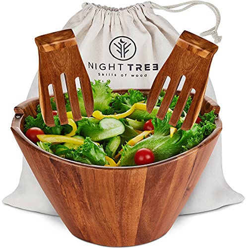 Wooden salad bowl set with serving forks mixing - magnetic serving utensils attached to large acacia wood bowl for 6-8 helpings - unique wood bowl - strong and leak proof with fabric bag