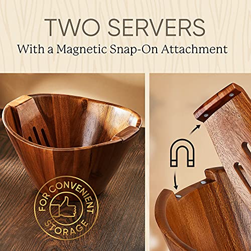 Wooden salad bowl set with serving forks mixing - magnetic serving utensils attached to large acacia wood bowl for 6-8 helpings - unique wood bowl - strong and leak proof with fabric bag