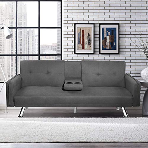 AWQM Futon Sofa Bed Upholstered Modern Convertible Sofa Couch Sleeper, Metal Leg and 2 Cup Holders, Memory Foam Cushion Living Room Furniture Home Recliner, Dark Grey