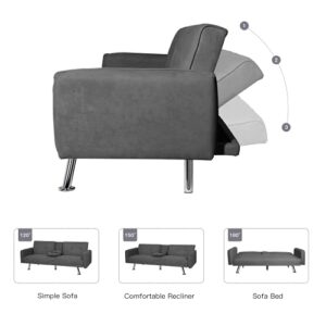 AWQM Futon Sofa Bed Upholstered Modern Convertible Sofa Couch Sleeper, Metal Leg and 2 Cup Holders, Memory Foam Cushion Living Room Furniture Home Recliner, Dark Grey