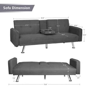 AWQM Futon Sofa Bed Upholstered Modern Convertible Sofa Couch Sleeper, Metal Leg and 2 Cup Holders, Memory Foam Cushion Living Room Furniture Home Recliner, Dark Grey