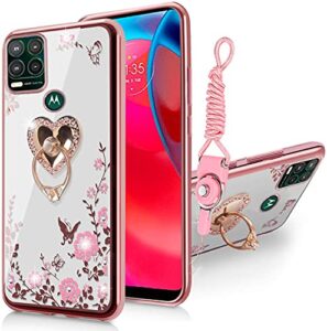 for moto g stylus 5g case for women, motorola g stylus 5g case glitter crystal butterfly heart floral slim tpu luxury bling cute protective cover with kickstand+strap for moto g stylus 5g-rose gold