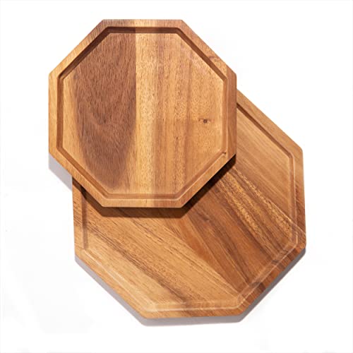 Wooden Serving Trays, Acacia Wood Platter, Octagon Tray, 2 Piece Set, 8" x 10", Brown, Large Service Platters for Fruit and Vegetables Plates, Charcuterie Board, Food, Parties, Breakfast | Houseables