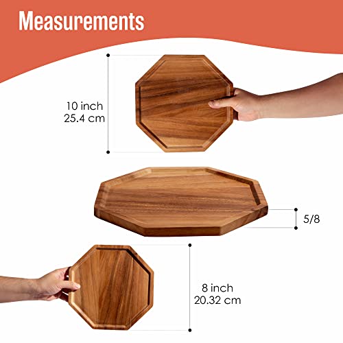 Wooden Serving Trays, Acacia Wood Platter, Octagon Tray, 2 Piece Set, 8" x 10", Brown, Large Service Platters for Fruit and Vegetables Plates, Charcuterie Board, Food, Parties, Breakfast | Houseables