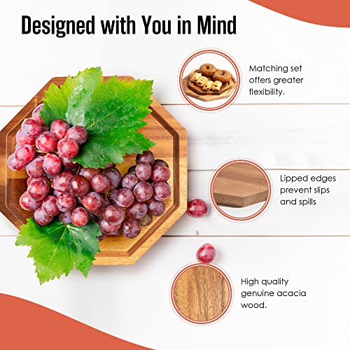 Wooden Serving Trays, Acacia Wood Platter, Octagon Tray, 2 Piece Set, 8" x 10", Brown, Large Service Platters for Fruit and Vegetables Plates, Charcuterie Board, Food, Parties, Breakfast | Houseables