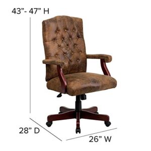 Merrick Lane Versailles Bomber Brown Ultra-Suede Victorian Style 360° Swivel High-Back Office Chair with Padded Scrolled Arms and Wood Capped Metal Base