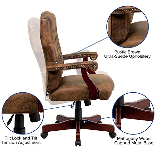 Merrick Lane Versailles Bomber Brown Ultra-Suede Victorian Style 360° Swivel High-Back Office Chair with Padded Scrolled Arms and Wood Capped Metal Base