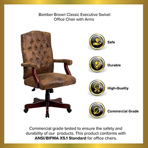 Merrick Lane Versailles Bomber Brown Ultra-Suede Victorian Style 360° Swivel High-Back Office Chair with Padded Scrolled Arms and Wood Capped Metal Base