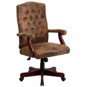 Merrick Lane Versailles Bomber Brown Ultra-Suede Victorian Style 360° Swivel High-Back Office Chair with Padded Scrolled Arms and Wood Capped Metal Base