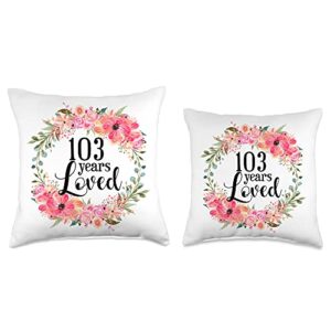 Floral 90 Years Loved Mom Grandma Birthday Gift Floral Loved 103 Year Old Grandma 103rd Birthday Throw Pillow, 16x16, Multicolor