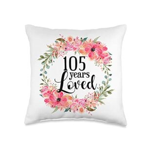 floral 90 years loved mom grandma birthday gift floral loved 105 year old grandma 105th birthday throw pillow, 16x16, multicolor