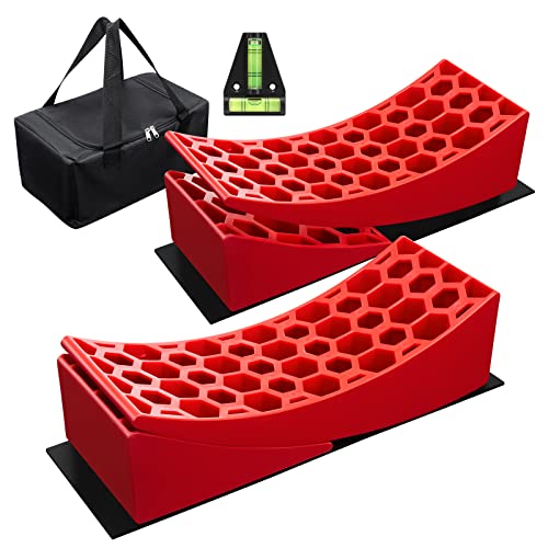 Camper Leveler, RV Leveling Blocks with 2 Red Curved Levelers, 2 Chocks, 2 Anti-Slip Mats and Carrying Bag, Heavy Duty Levelers for 36,000 lbs, Non-slip Design, Faster and Easier to Level Your Camper