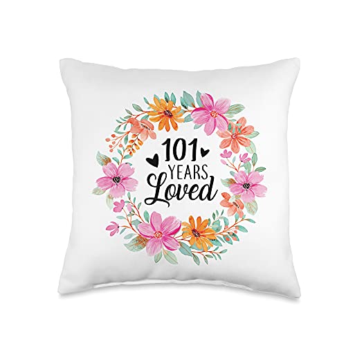 Floral Frame 101 Years Old 101st Birthday Gifts 101 Years Loved Funny Mom Dad Grandpa Grandma 101st Birthday Throw Pillow, 16x16, Multicolor