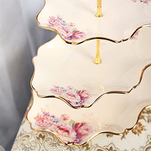 fanquare 3-Tier Floral Royal Cupcake Stand, Vintage Fruit Plate with Gold Trim, Dessert Stand for Birthday, Wedding, Tea Party