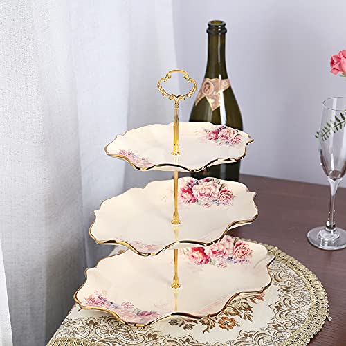 fanquare 3-Tier Floral Royal Cupcake Stand, Vintage Fruit Plate with Gold Trim, Dessert Stand for Birthday, Wedding, Tea Party