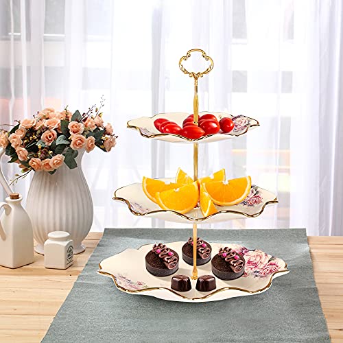 fanquare 3-Tier Floral Royal Cupcake Stand, Vintage Fruit Plate with Gold Trim, Dessert Stand for Birthday, Wedding, Tea Party