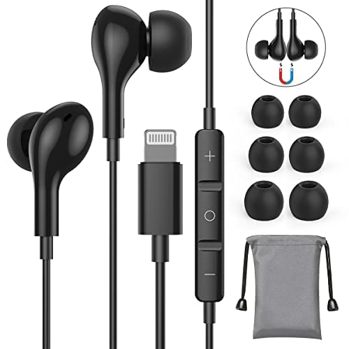 Guguearth Lightning Headphones for iPhone,MFi Certified in-Ear Lightning Earphones for iPhone,Magnetic Earbuds for iPhone with Mic Controller Compatible with iPhone 14 13 12 11Pro Max XR 8 7 (Black)